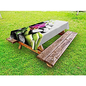 Ambesonne Rock Outdoor Tablecloth, Basalt Stones and Bamboo Orchid with Dew Aromatherapy Blossoming Massage Droplets, Decorative Washable Picnic Table Cloth, 58" X 84", Multicolor
