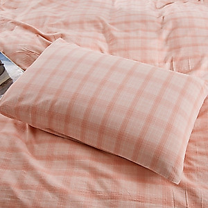 Home Soft Things 100% Washed Cotton Duvet Cover 3 Piece Set, King 102" x 90", Soft Pink Kolkata Grid Plaid Bedding Set with Zipper Closure, Ultra Soft and Easy Care, 1 Duvet Cover 2 Pillow Shams