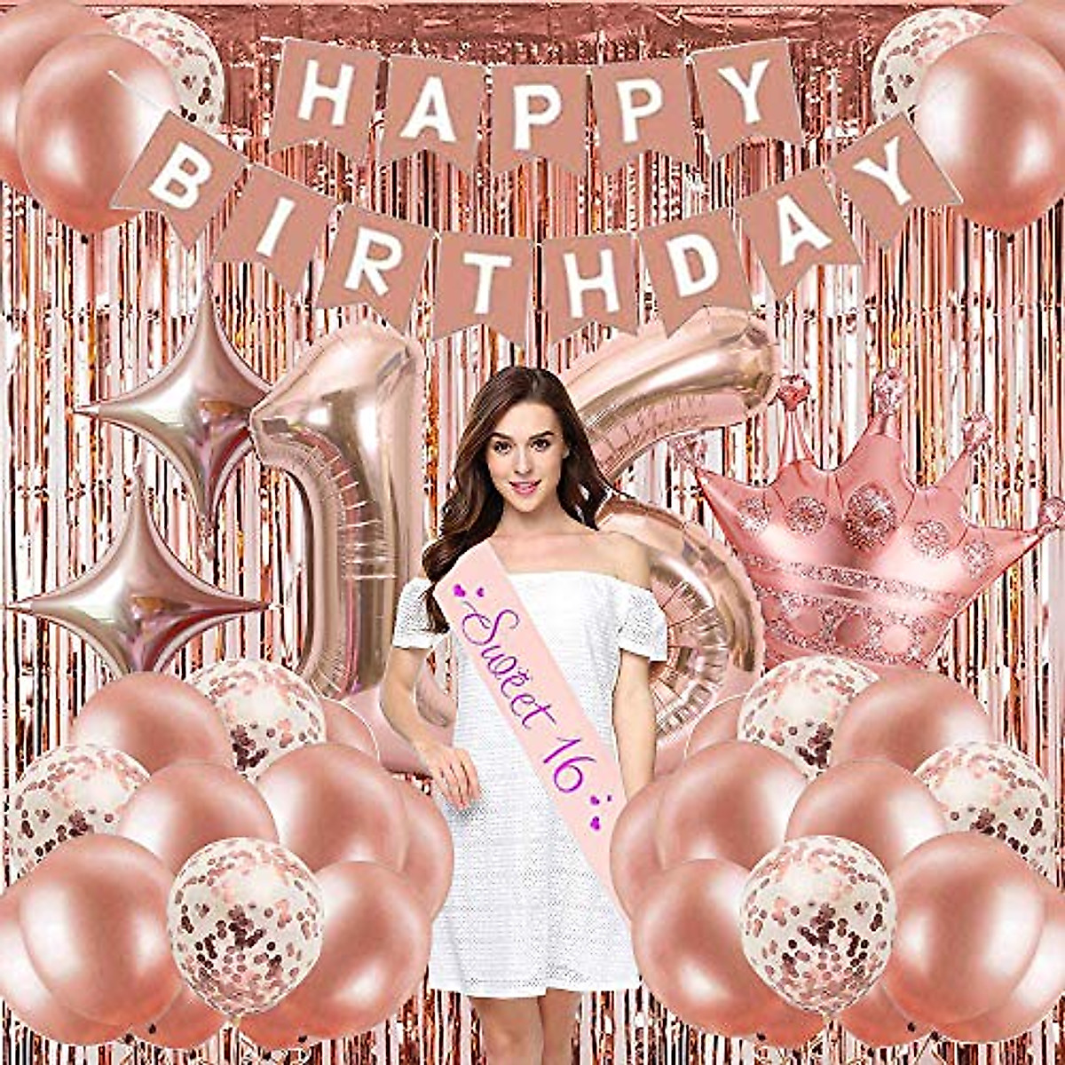 16th Birthday Decorations for Women, Rose Gold Sweet 16 Birthday Party Decoration for Her, 16th Happy Birthday Banner Kits Rosegold Balloons Decoration for Girls Women 16th Birthday Party Supplies
