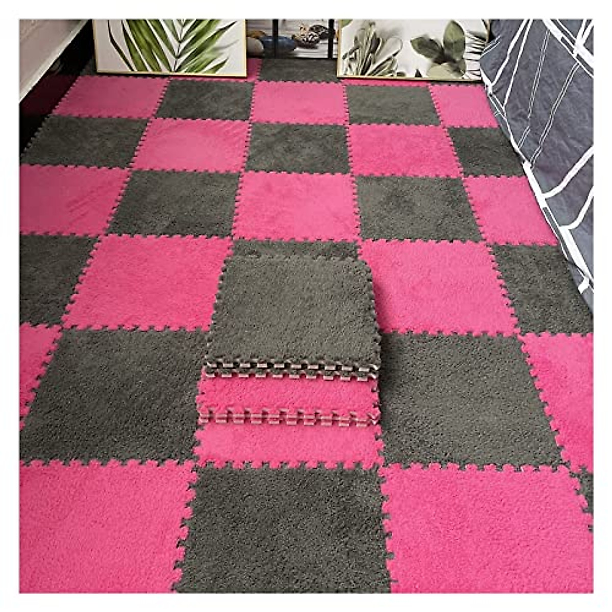 9/12/15/16 Pcs Interlocking Foam Carpet Tiles,Soft Fluffy Plush Area Rug Mat,Crawling Playmat Puzzle Mat,for Bedroom, 12X12inch, 0.4 Inch Thicken Foam,Grey+Rose red,16 PCS
