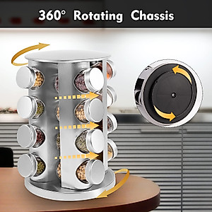 Rotating Spice Rack with 16 Jars, Revolving Spice Rack Organizer for Cabinet, Seasoning Organizer Stainless Steel Kitchen Spice Tower with Labels for Countertop