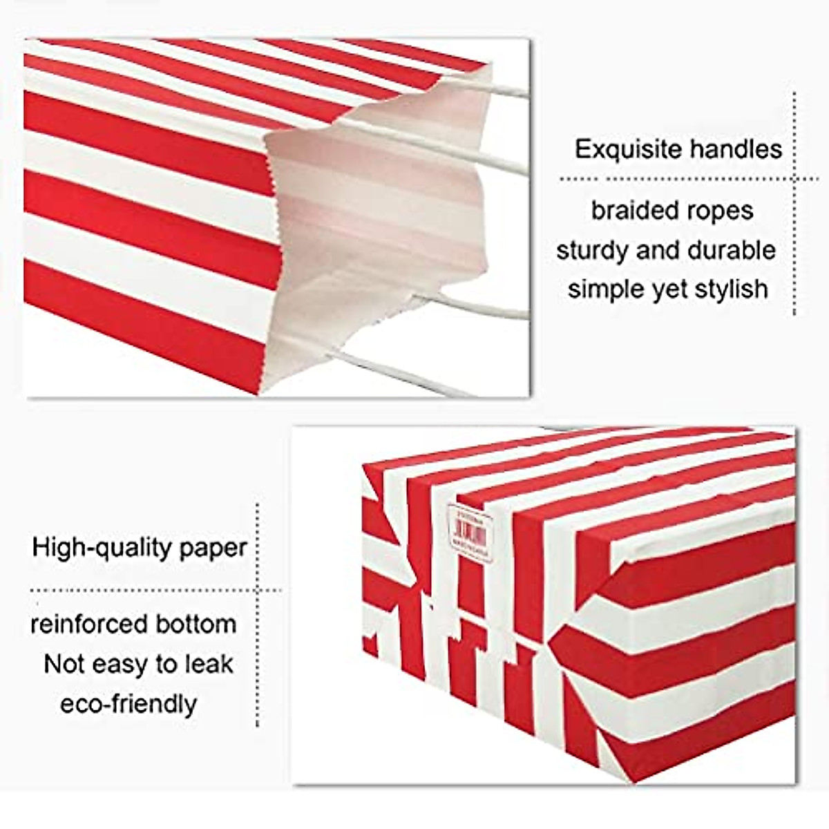 ADIDO EVA 12 PCS Striped Gift Bags Small Red Kraft Paper Bags with Handles for Party Favor Supplies (8.2 x 6 x 3.1 in)