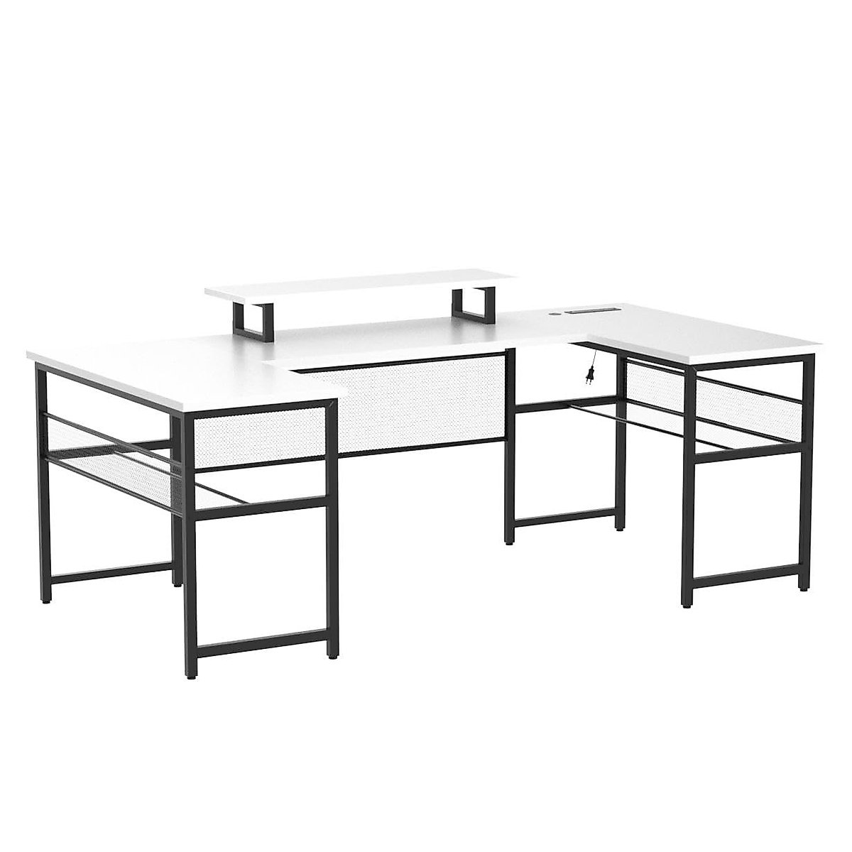Unikito U Shaped Computer Desk with LED Strip and Power Outlets, Reversible Large Office Desk with Monitor Stand and Storage Shelves, 2 Person L Shaped Gaming Table, 83 Inch U Shape Corner Desk, White