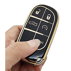 vurbemes TPU Key Fob Cover Case with Keychain fit for Grand Cherokee Renegade Chrysler 200 300 Dodge RAM Durango Challenger Journey Dart Fiat Smart Keyless Entry Key Fob (Black)