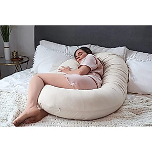 Pharmedoc Pregnancy Pillows, C-Shape Full Body Pillow – Organic Cotton Cover Beige – Pregnancy Pillows for Sleeping – Body Pillows for Adults, Maternity Pillow and Pregnancy Must Haves, New Mom Gifts