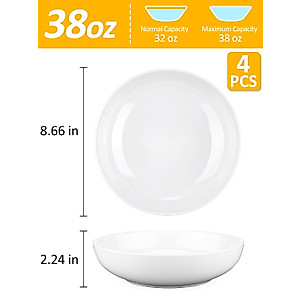 Yedio Pasta Bowls, 38 Ounces Porcelain Salad Bowls for Kitchen, Shallow Pasta Bowls Set, White Soup Bowls, Oven Dishwasher Safe, Set of 4