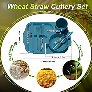 Honoson 24 Pcs Wheat Straw Dinnerware Cutlery Set Including Divided Plates Microwave Dishwasher Safe Bowl Unbreakable Tableware Straw Cutlery Spoon Knife Fork Cup(Bright Color)