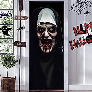 ANPHSIN Halloween 3D Nun Door Stickers, 30 x 80 in Bloody Nun Lifelike Door Wallpaper Sticker for Halloween Decoration, Party Decors