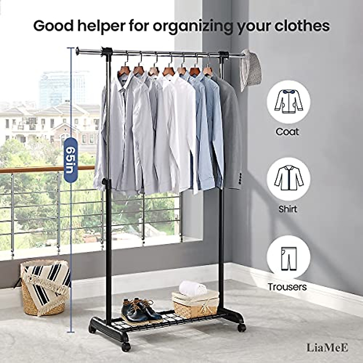 LiaMeE Free Standing Clothing Rack on Wheels, Adjustable Garment Rack & Organizer, Extendable Rolling Clothes Rack with Shelf & Grid, Easy Assembly Standard Rod for Hanging Clothes, Black & Chrome