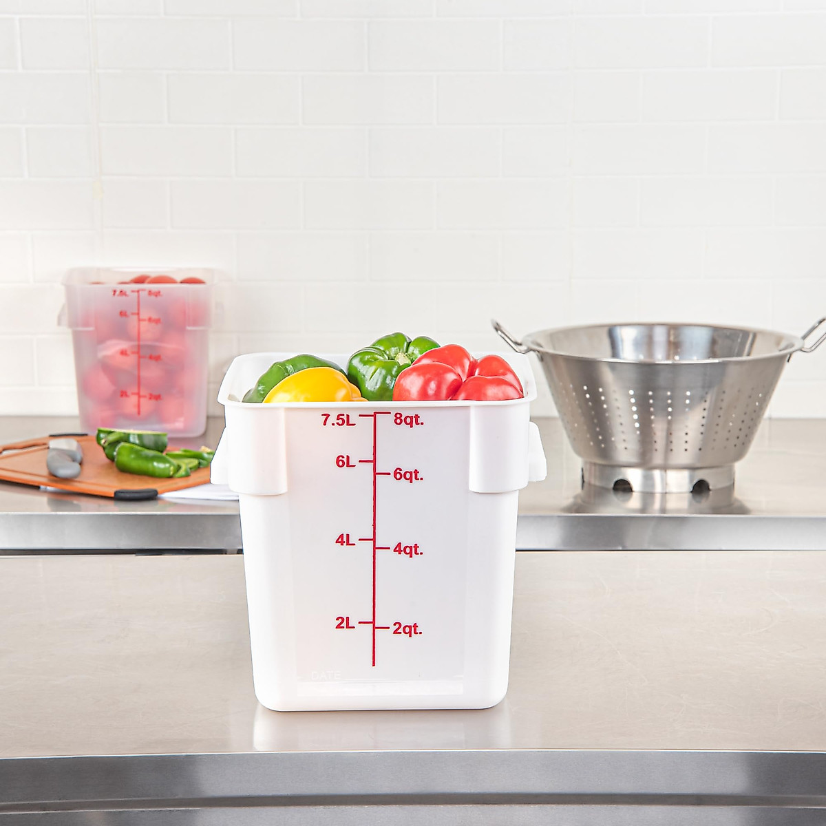 Restaurantware - Met Lux 8 Quart Food Storage Containers, 10 White Storage Containers - Lids Sold Separately, Red Volume Markers, Dishwashable Containers, Side Handles, For Storing Foods