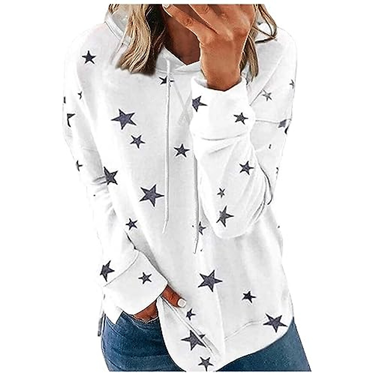 Print Hoodies for Womens Long Sleeve Casual Pullvoer Star Graphic Sweatshirt Teen Girls Going Out Tops Cute Hoodies White