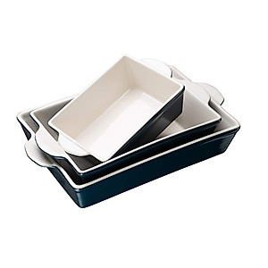 Kook Ceramic Bakeware Set, Rectangular Baking Dishes, For Casseroles, Lasagna, Cake, Small, Medium & Large Pans, Microwave & Dishwasher Safe, Set of 3 (Navy)