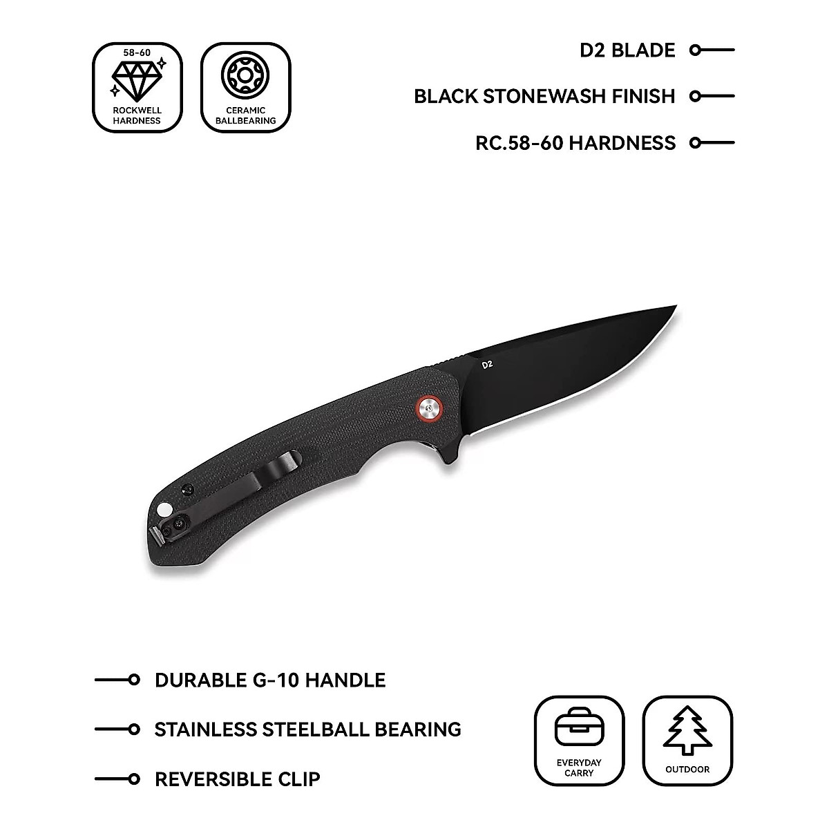 HUNTER.DUAL Pocket Knife, Folding EDC Knife with Clip for Men, Small Camping Knife for Outdoor, 3.34'' D2 Steel Blade, G10 Handle