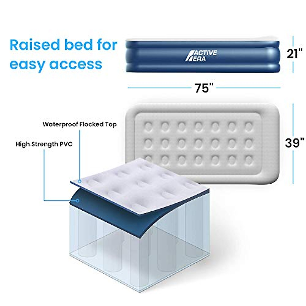 Active Era Tall Twin Air Mattress with Built in Pump & Raised Pillow, Elevated Inflatable Mattress, Heavy Duty Puncture Resistant Inflatable Bed, Blow Up Mattress Air Bed, Waterproof Airbed Mattress