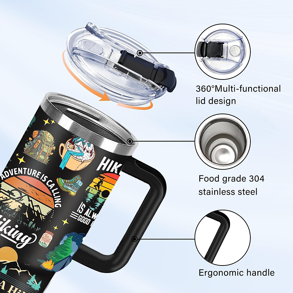 HYMONA 40oz Insulated Hiking Water Bottle - Double Wall Vacuum Coffee Tumbler for Outdoor Adventures, Camping Travel Mug with Straws (Mountain Design), Perfect Hiker Gift for Men & Women