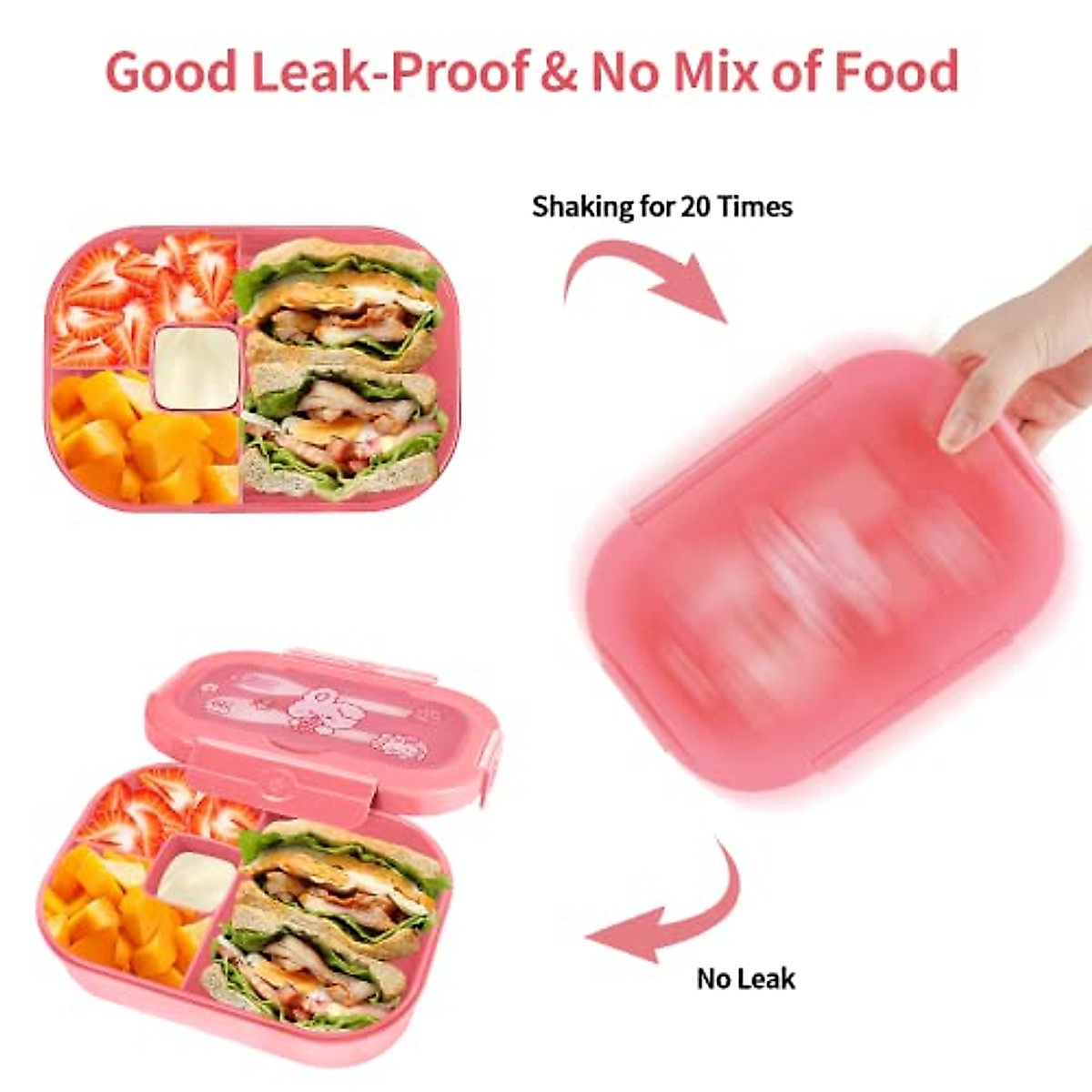Bento Lunch Box for Kids with Ice Pack, 40oz 4-Compartment Leak Proof Lunch Box Container for Kids Girls/Teens/Adults with Utensils & Sticker, Microwave/Dishwasher/Refrigerator Safe, BPA Free, Pink