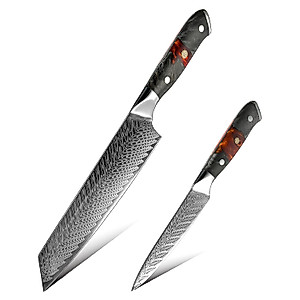 Momo's House 8.3 Inch Kiritsuke Knife and 5 Inch Utility Knife with Wood and Red Resin Handle - VG-10 Core and 67-layers Damascus Steel Kitchen Knives with Gift Box and Sheaths, 2pcs