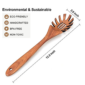 Best Wooden Pasta Spoon Spaghetti Fork 12.5 Inch Long Hand Pasta Serving Utensils Acacia Wood Spaghetti Server Spoon Pasta Forks Spaghetti Ladle Pasta Spatula Tool Noodle Spoon