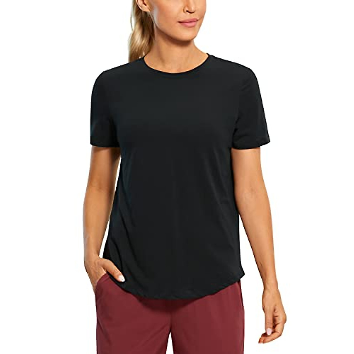 CRZ YOGA Women's Pima Cotton Short Sleeve Workout Shirt Yoga T-Shirt Athletic Tee Top Black Small