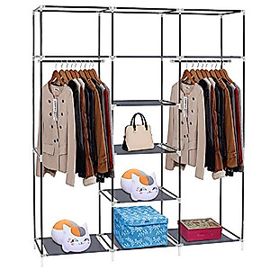 Portable Clothes Closet Non-Woven Fabric Wardrobe Double Rod Storage Organizer 69" - Gray
