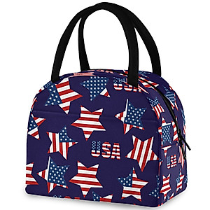 ZzWwR Usa Patriotic American Flag Stars Reusable Lunch Tote Bag with Front Pocket Insulated Thermal Cooler Container Bag for Back to School Work Travel Fishing Picnic Beach