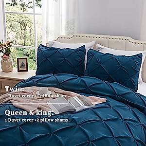 SunStyle Home Pinch Pleated Duvet Cover Navy Blue 3 Pieces Duvet Covers Queen Size Soft Microfiber Luxury Duvet Cover with Zipper Closure & Corner Ties for All Season(1 Duvet Cover, 2 Pillow Shams)