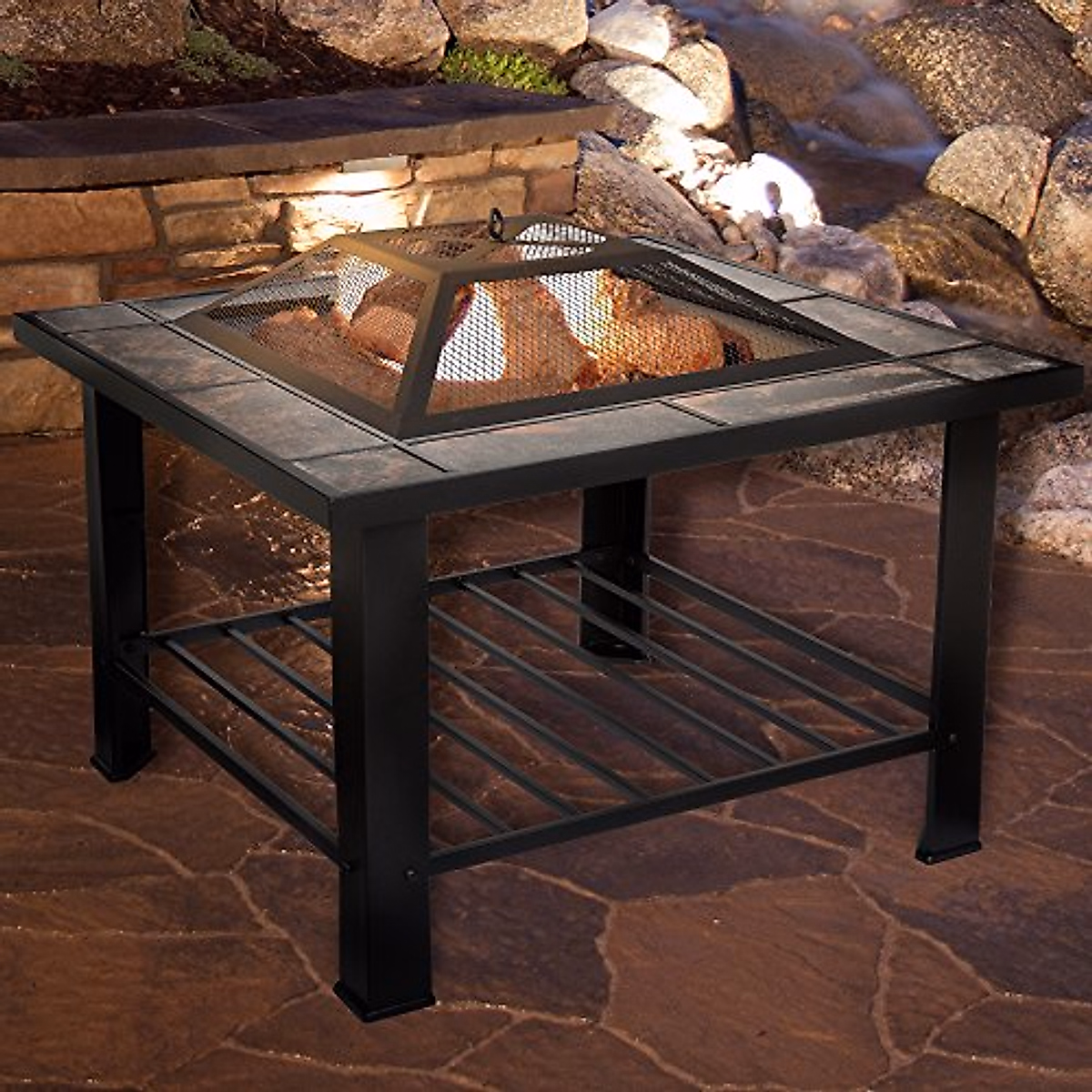 Fire Pit Set, Wood Burning Pit - Includes Screen, Cover and Log Poker - Great for Outdoor and Patio, 30 inch Square Marble Tile Firepit by Pure Garden, Black