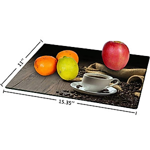 Tempered Glass Cutting Board Hot coffee in a white coffee cup and many coffee beans placed around Tableware Kitchen Decorative Cutting Board with Non-slip Legs, Serving Board, Large Size, 15" x 11"