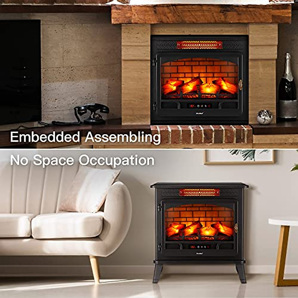 Electric Fireplace Infrared Heater 3D Freestanding Fireplace Stove Heater with Remote Control, Timer, Adjustable Flame Effect, Upgraded Safety Protection 24"