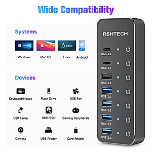 RSHTECH 7-Port Powered USB 3.2/USB C Hub with 10Gbps USB-A 3.2, 2 USB-C 3.2, 4 USB 3.0 Ports, Individual Touch Switches, 3.3ft Cable and 5V Power Adapter, USB Hub Splitter for Laptop/PC, RSH-ST07C