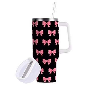 Jihqo Elegant Bows Pink Black 40 oz Stainless Steel Vacuum Insulated Tumbler with Handle and Straw Lid, Leakproof Water Bottle Double Wall Travel Mug Coffee Cup, Cupholder Friendly