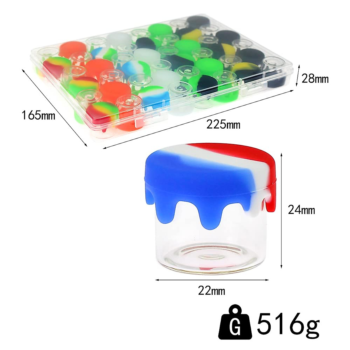 Glass Concentrate Container with Silicone Lids 48-Pack 6ml Round No-Neck Storage Jar for Oil, Lip Balm, Wax, Cosmetics by ooDuo, Multi