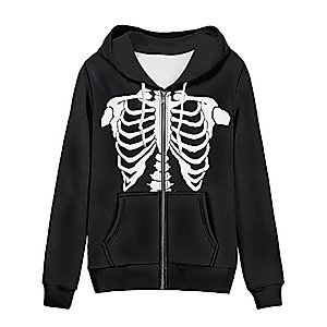 WELLFLYHOM Women Zip Up Hoodie Y2K Halloween Skeleton Sweatshirt Ribcage Print Long Sleeve Shirt E-girl 90s Punk Jackets Vintage Plus Size Hooded Cardigan Comfy Fall Outfits for Teen Girls