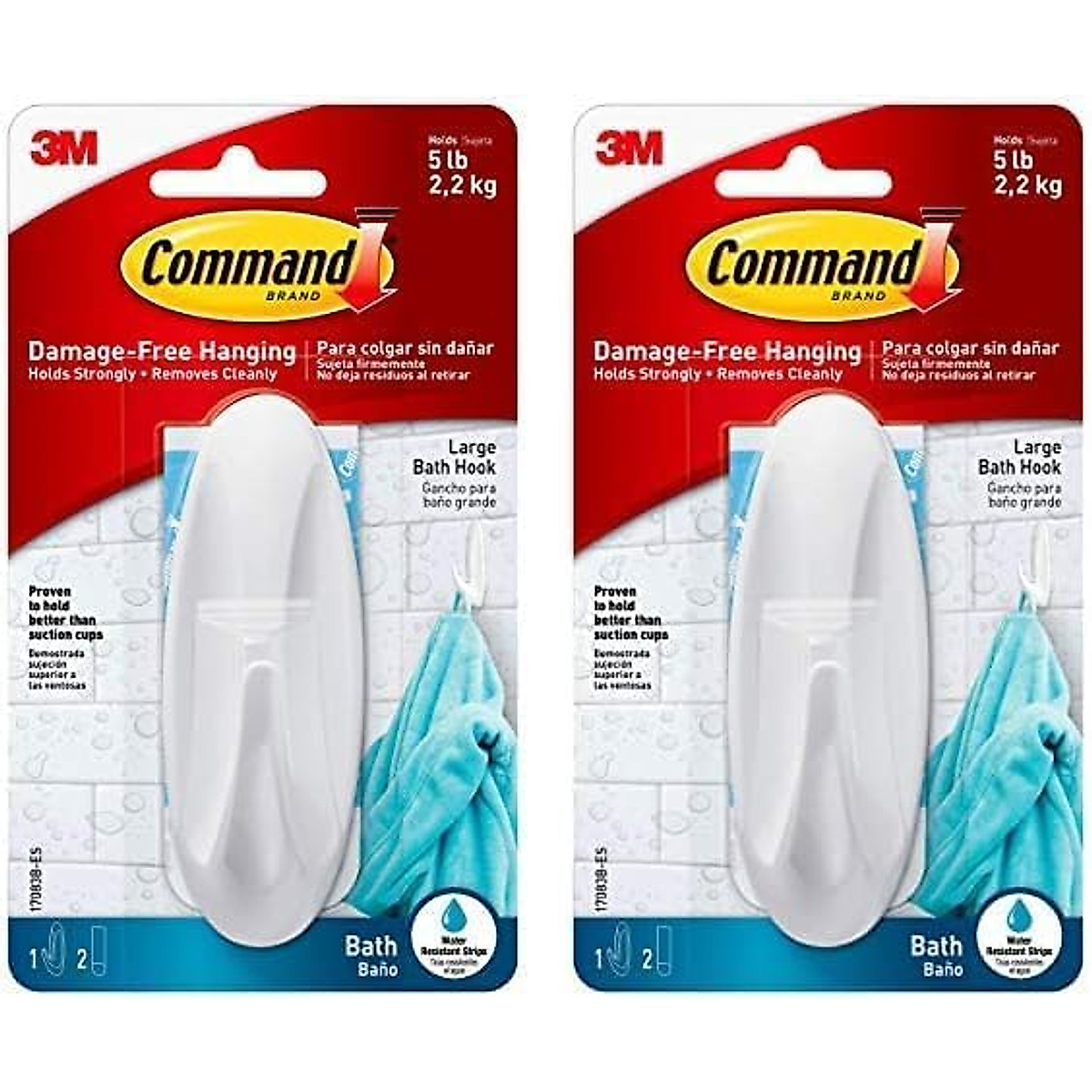 Command Designer Bath Hook, Large, White, 1-Hook with Water-Resistant Strips (17083B-ES), Organize Your Dorm (Pack of 2)