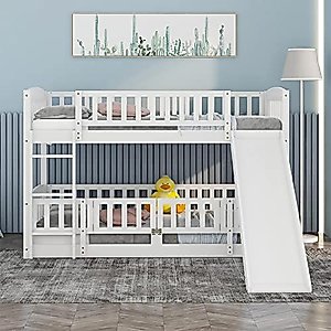 VilroCaz Twin Over Twin Low Bunk Bed with Door Openable Fence, Versatile Bunk Bed with Slide and Built-in Ladder, Solid Wood Bunk Bed Frame for Kids Teens Boys Girls (White)