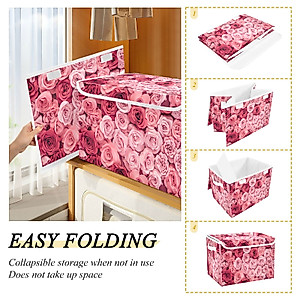 Vnurnrn Collapsible Storage Bins with Lids, Pink Roses Foldable Storage Boxes, Storage Box Cube with Lid for Clothes,Bedroom,Toys,16.5x12.6x11.8 Inch