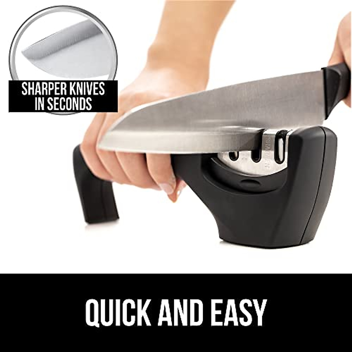 Gorilla Grip Easy to Use Knife Sharpener, 3 Sharpening Options to Help Polish, Sharpen and Repair Kitchen Knives, Restore Dull Blades, Slip Resistant Handle, Professional Chef Quality, Jet Black