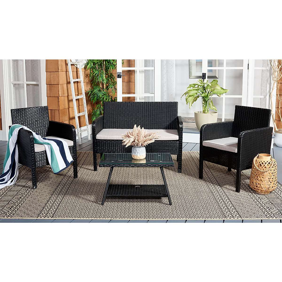 SAFAVIEH Outdoor Collection PAT7505 Conversation Set, Black/Light Grey