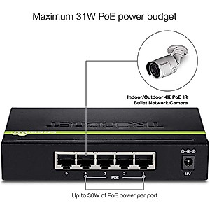 TRENDnet 5-Port Gigabit PoE+ Switch, 31 W PoE Budget, 10 Gbps Switching Capacity, Data & Power Through Ethernet to PoE Access Points and IP Cameras, Full & Half Duplex, Black, TPE-TG50g
