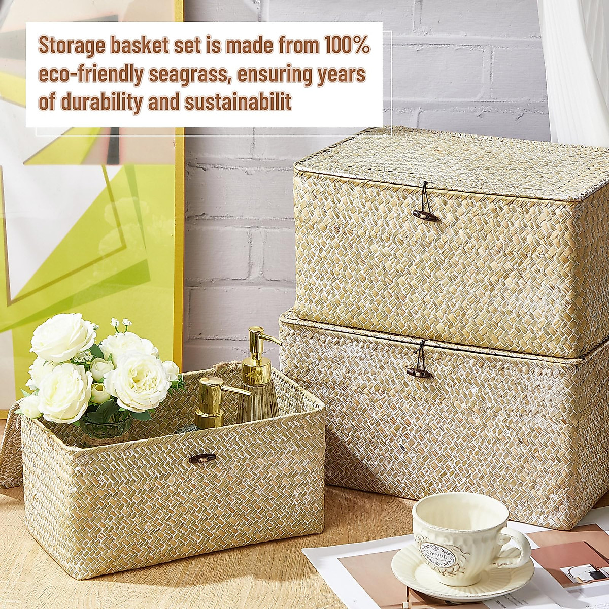 Kigley 6 Pcs Seagrass Basket with Lid Wicker Storage Decorative Boxes with Lids Bin Woven Organizer for Shelf Closet Bedroom, 6 Sizes(Classic Style,White)