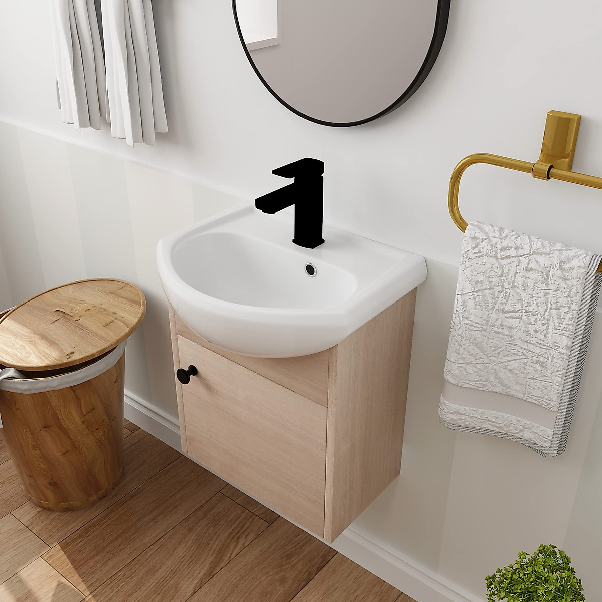 Pvillez Modern Bathroom Vanity with Sink Combo 18 inch Small Bathroom Vanity Set with Top Basin & Storage Cabinet Wood Wall Mounted Light Oak Bath Cabinet with Glossy Ceramic Sink for Small Space