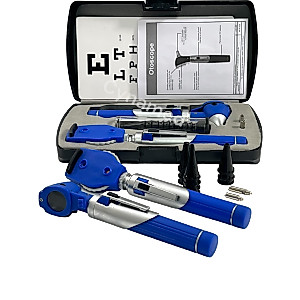 Cynamed Otoscope Set - Fiber Optic Double Handle Multi-Function Ear Scope for Ear & Eye Examination - Includes Hard Case (Blue)