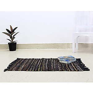 COTTON CRAFT Leather Chindi Area Rug - Boho Farmhouse Rustic Accent Rug - Handwoven Reversible Natural Recycled Leather Throw Rug - Entryway Living Room Dorm Study Gift - 24 x 36 Inch - Tan Multicolor