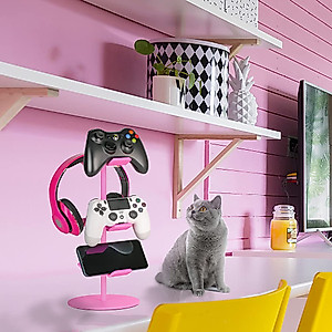 KELJUN Controller Holder Pink,Headphone Stand,3 Tier Multi Adjustable Game Controller Headset Hanger for All Universal Gaming PC Accessories, Xbox PS4 PS5 Nintendo Switch(Cute Pink)
