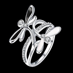 18K Rose Gold Platinum Plated Ring Black AAA Zirconia Women Dragonfly B164 (Platinum Plated, 7)