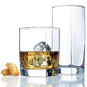 Durable Drinking Glasses Set of 16 | Glassware Set Includes 8 Highball Glasses (16 oz) 8 Rocks Glasses (13 oz) Heavy Base Glass Cups for Water, Juice, Beer, Wine, and Cocktails