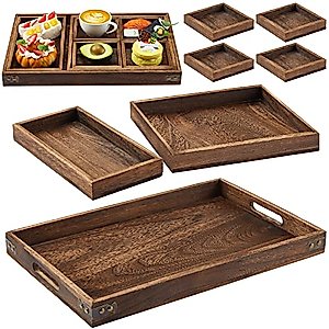 2 Set of 14 Pcs Wooden Serving Trays with Handle Rectangular Nesting Multipurpose Trays Decorative Rustic Ottoman Tray Coffee Table Tray Sofa Couch Tray Wood Serving Platters for Breakfast in Bed
