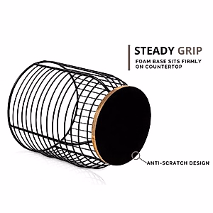 MosJos Extra Large Black Utensil Holder with Wooden Base - Farmhouse Utensil Storage - Wire Crock Kitchen Countertop Organizer - 7.2 x 6.2 Cooking Utensil Holder