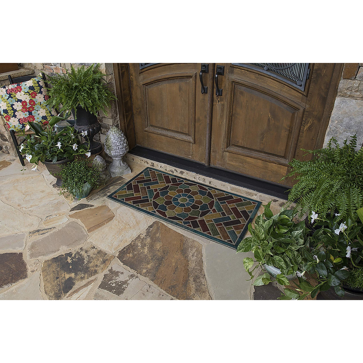 Mohawk Home Entryway Door Mat 2' x 4' All Weather Doormat Outdoor Non Slip Recycled Rubber, Woodblock Garden Tile Multicolor