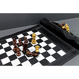 StonKraft - 19" x 15" (Playing Area 12" x 12") Genuine Roll-Up Leather Chess Set - with Wooden Chess Pieces - Black Colour | Comes with Innovative Carry Pouch